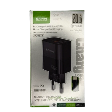 Bavin punjač 20W PD Usb A/Type C + kabl C-C PC963Y-CC crna | Jakov.RS